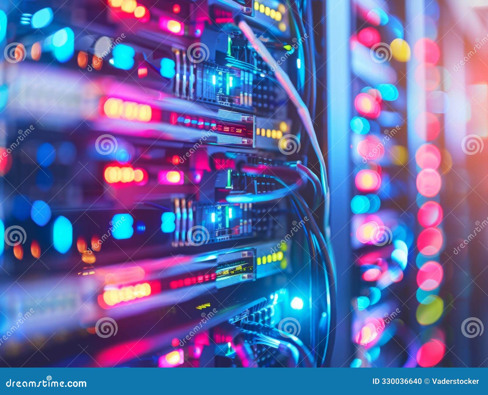 Server Rack with Colorful Lights and Cables Stock Illustration ...