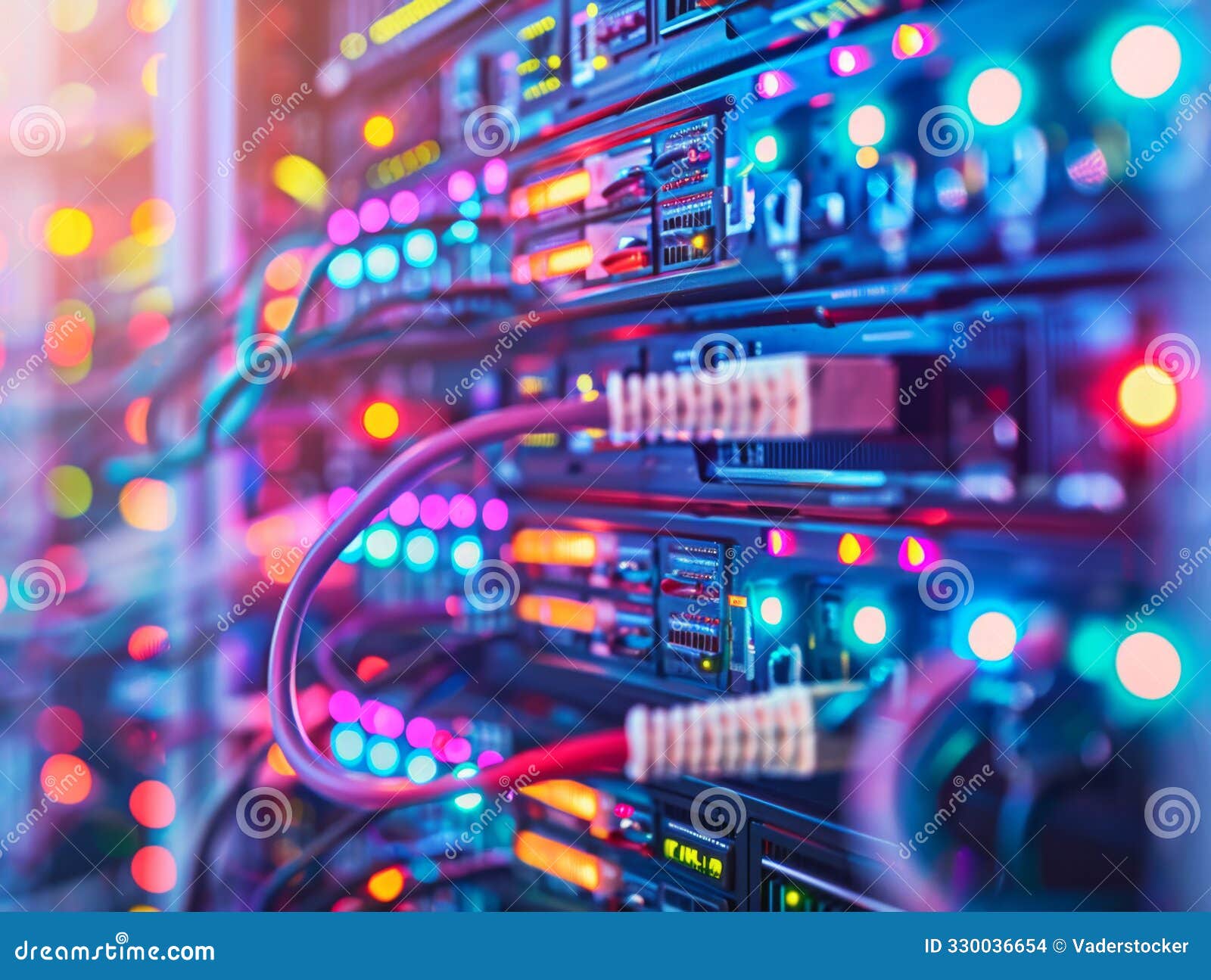 Server Rack with Colorful Lights and Cables Stock Illustration ...