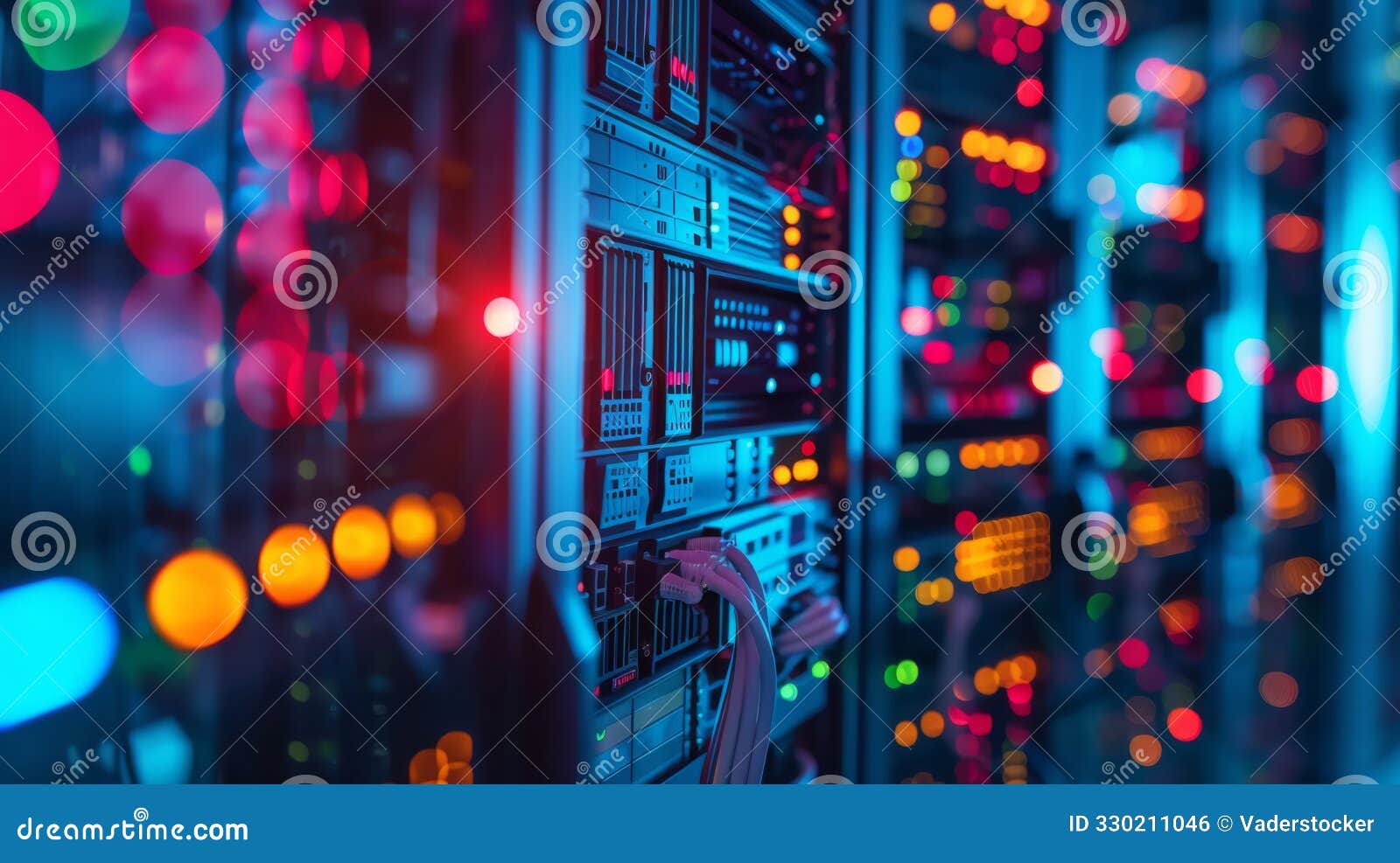Server Rack in a Data Center with Colorful Lights Stock Illustration ...