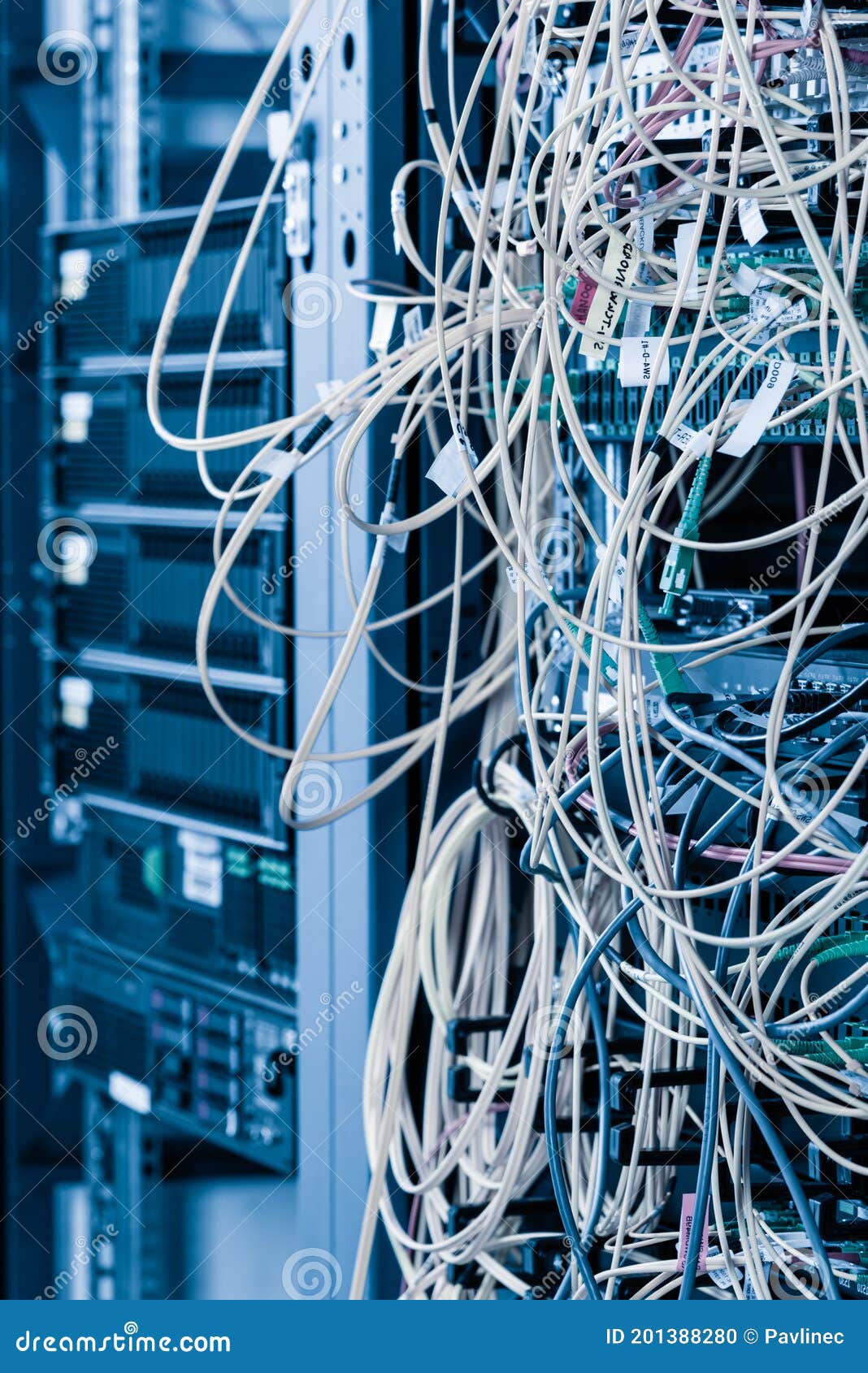 Server Rack with Fiber Optic Cables Attached To Front Panel Swit Stock ...