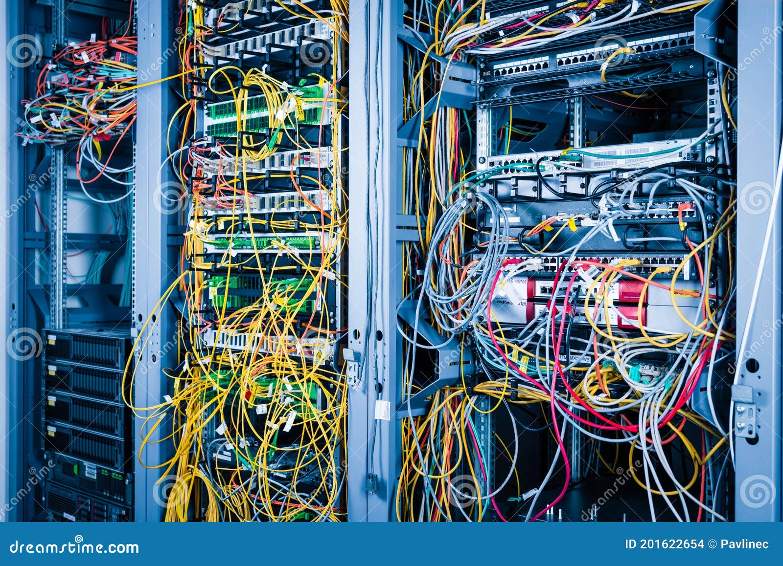 Server Rack with Fiber Optic Cables Attached To Front Panel Swit Stock ...