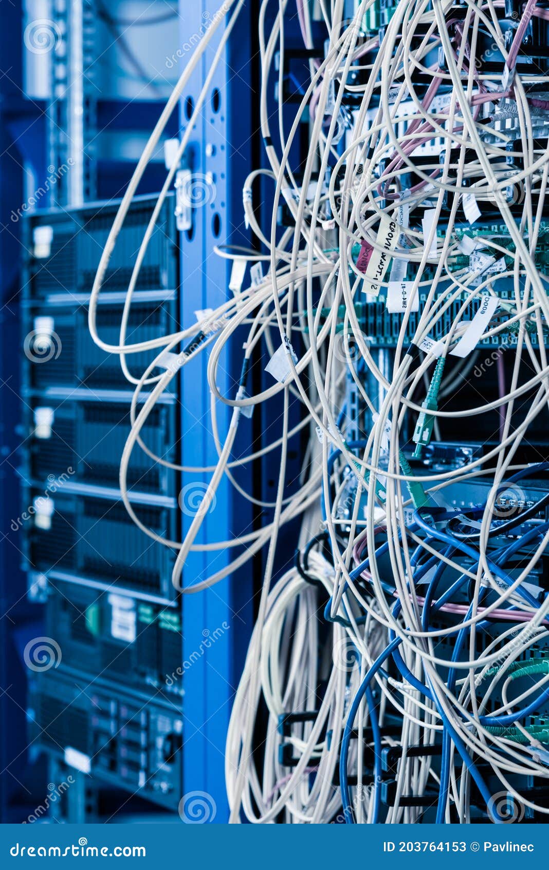 Server Rack with Fiber Optic Cables Attached To Front Panel Swit Stock ...