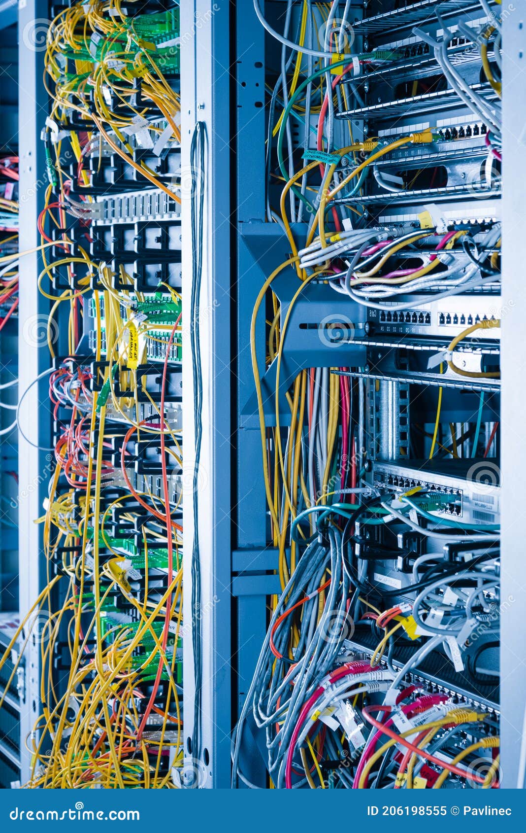 Server Rack with Fiber Optic Cables Attached To Front Panel Swit Stock ...