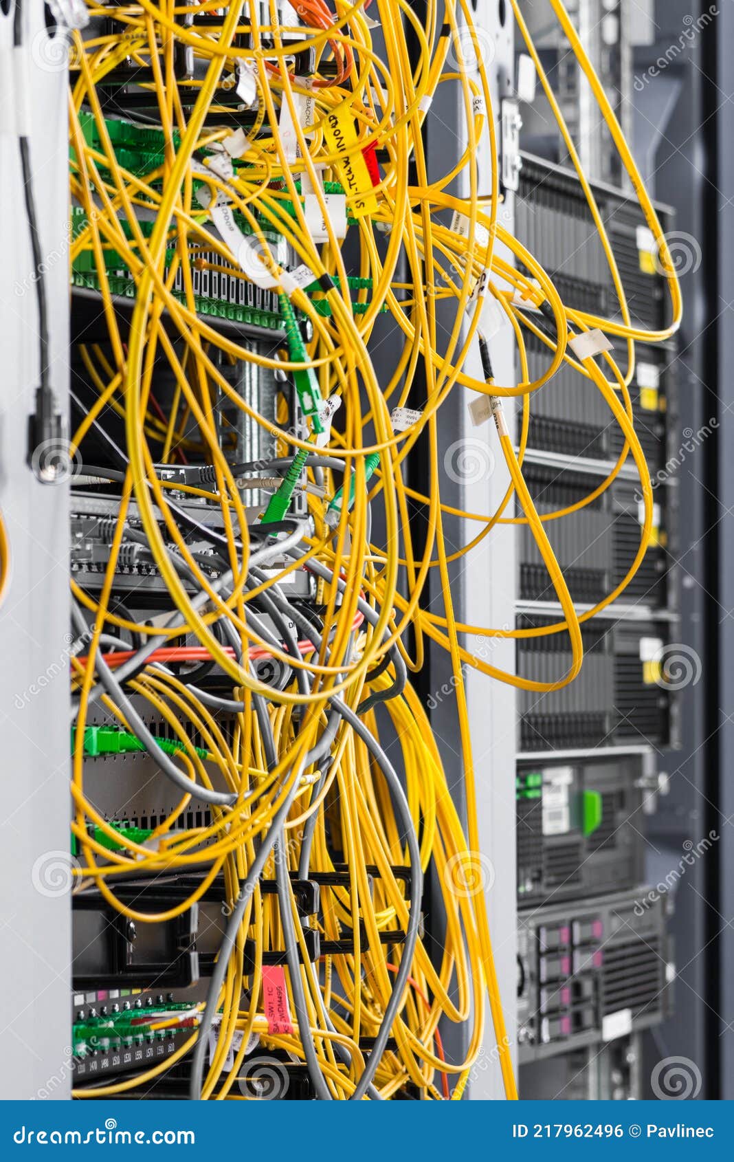 Server Rack with Fiber Optic Cables Attached To Front Panel Swit Stock ...