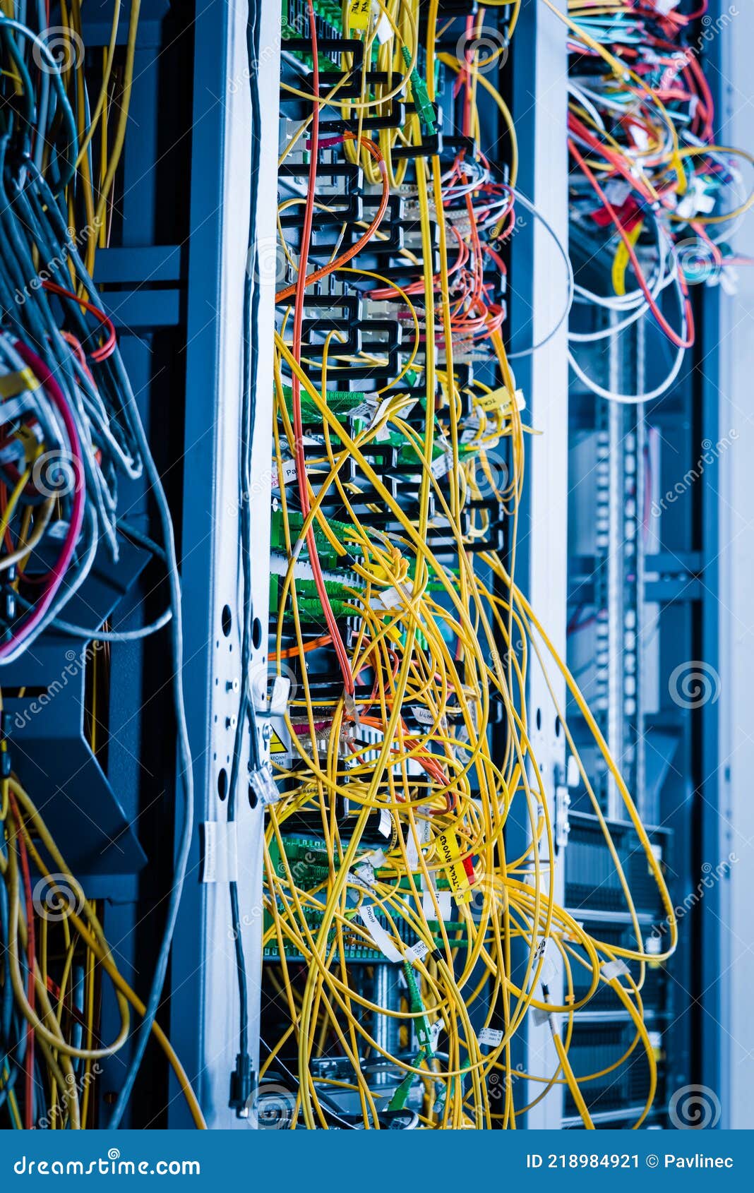 Server Rack with Fiber Optic Cables Attached To Front Panel Swit Stock ...