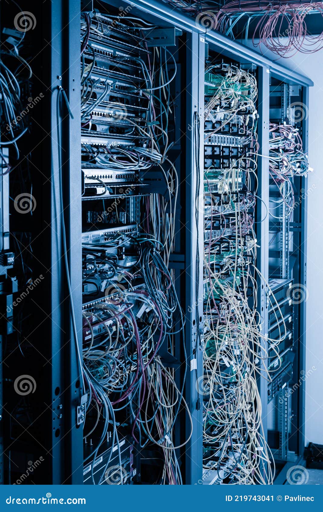 Server Rack with Fiber Optic Cables Attached To Front Panel Swit Stock ...