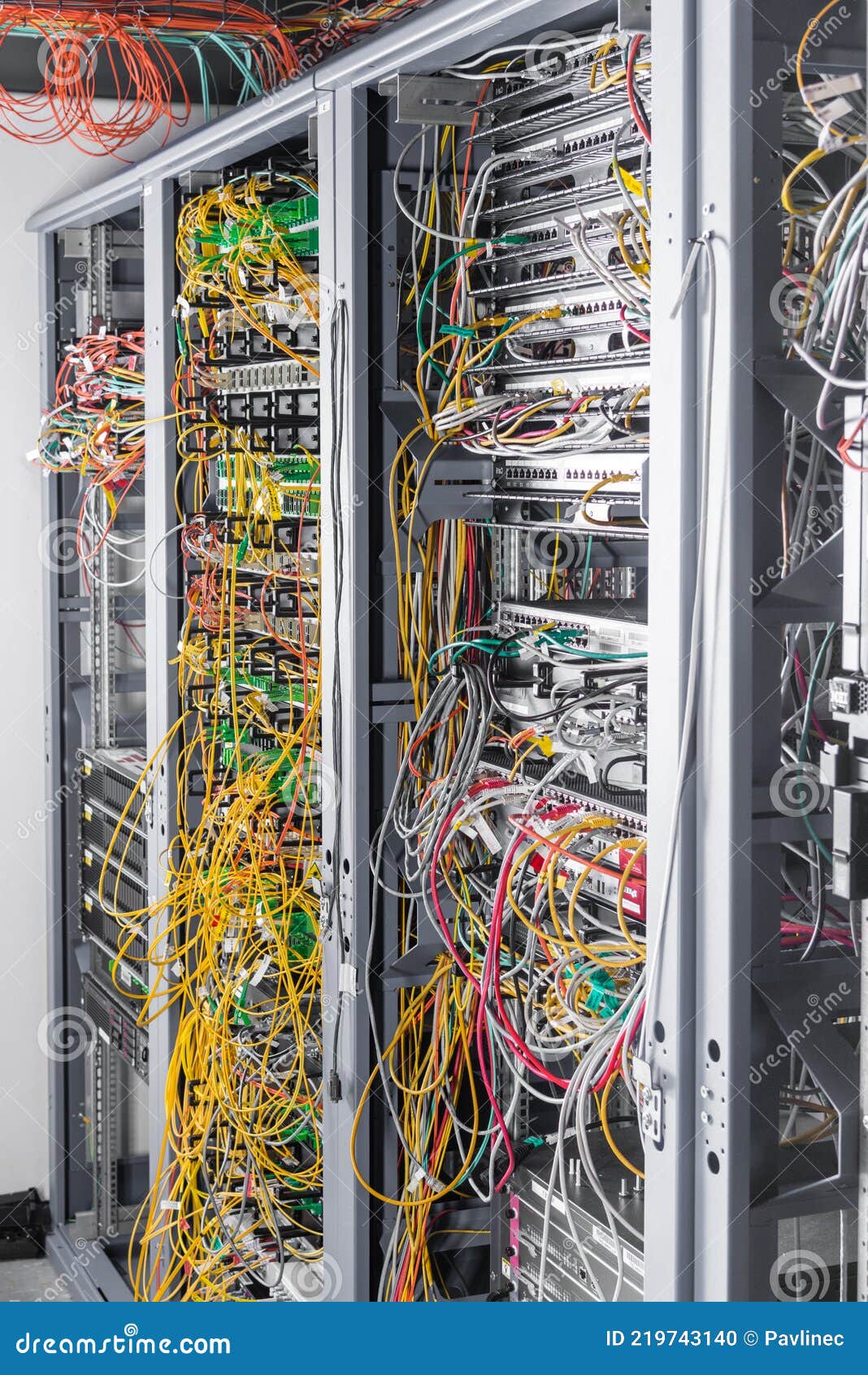 Server Rack with Fiber Optic Cables Attached To Front Panel Swit Stock ...