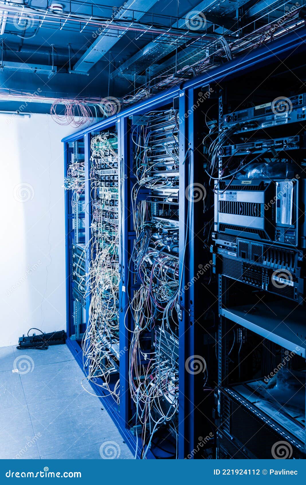 Server Rack with Fiber Optic Cables Attached To Front Panel Swit Stock ...