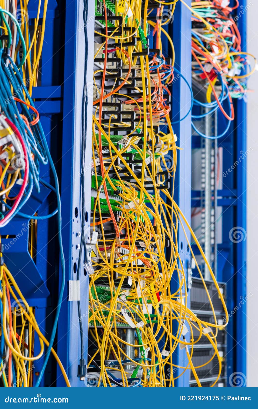 Server Rack with Fiber Optic Cables Attached To Front Panel Swit Stock ...