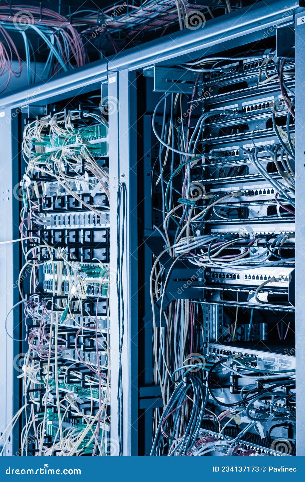 Server Rack with Fiber Optic Cables Attached To Front Panel Swit Stock ...