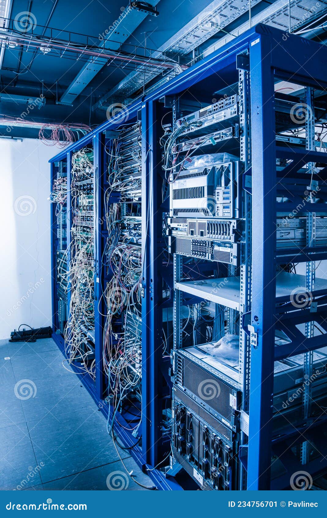 Server Rack with Fiber Optic Cables Attached To Front Panel Swit Stock ...