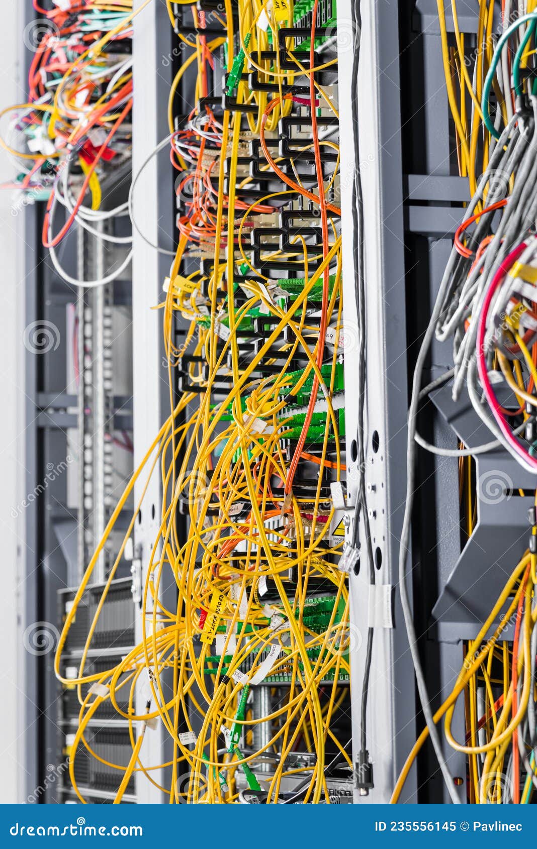 Server Rack with Fiber Optic Cables Attached To Front Panel Swit Stock ...