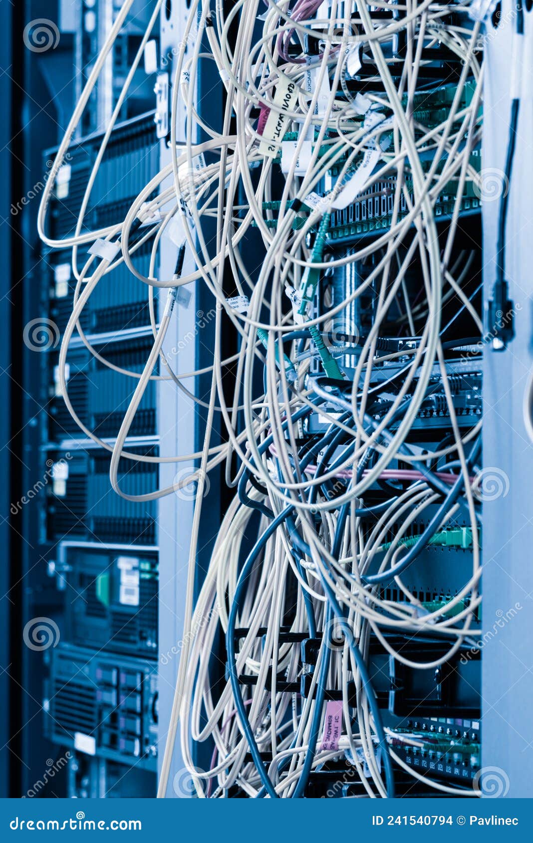 Server Rack with Fiber Optic Cables Attached To Front Panel Swit Stock ...