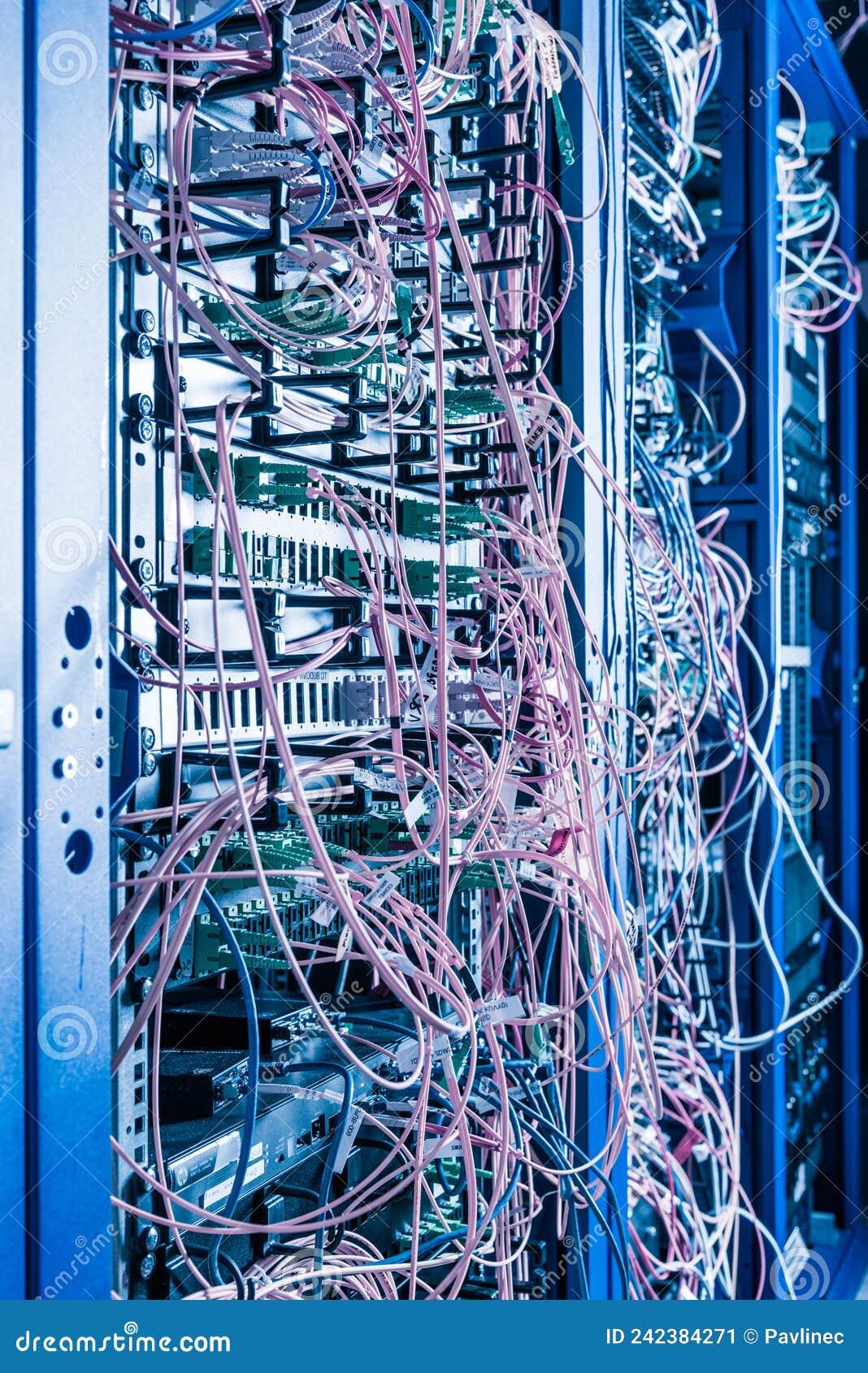 Server Rack with Fiber Optic Cables Attached To Front Panel Swit Stock ...