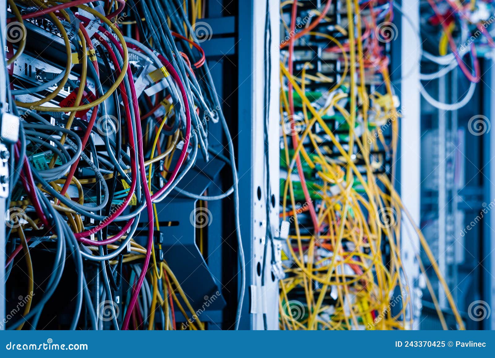 Server Rack with Fiber Optic Cables Attached To Front Panel Swit Stock ...