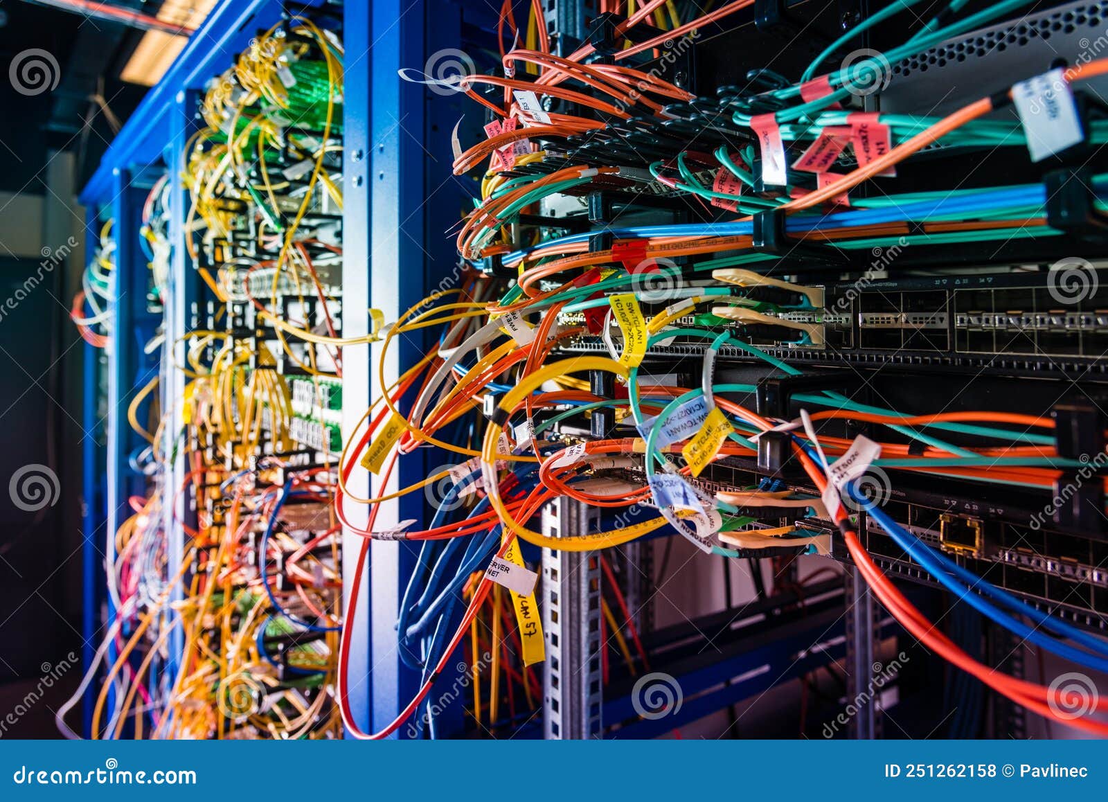 Server Rack with Fiber Optic Cables Attached To Front Panel Swit Stock ...