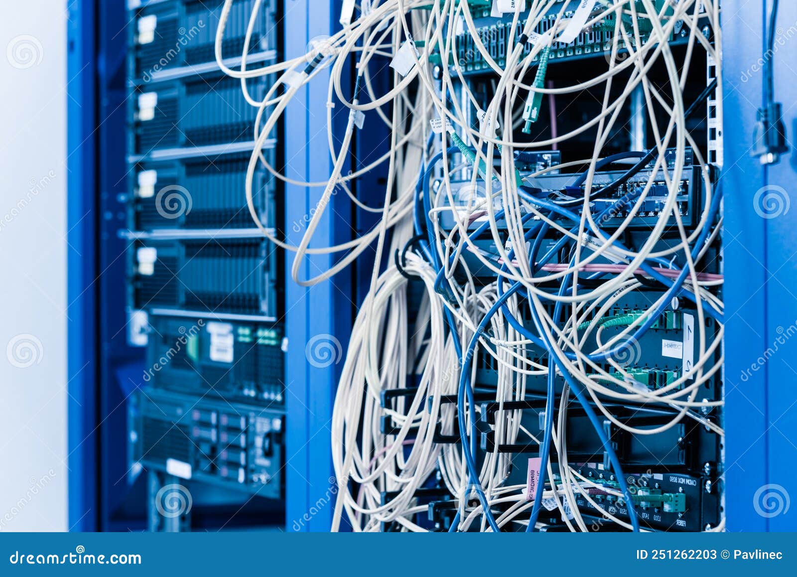 Server Rack with Fiber Optic Cables Attached To Front Panel Swit Stock ...