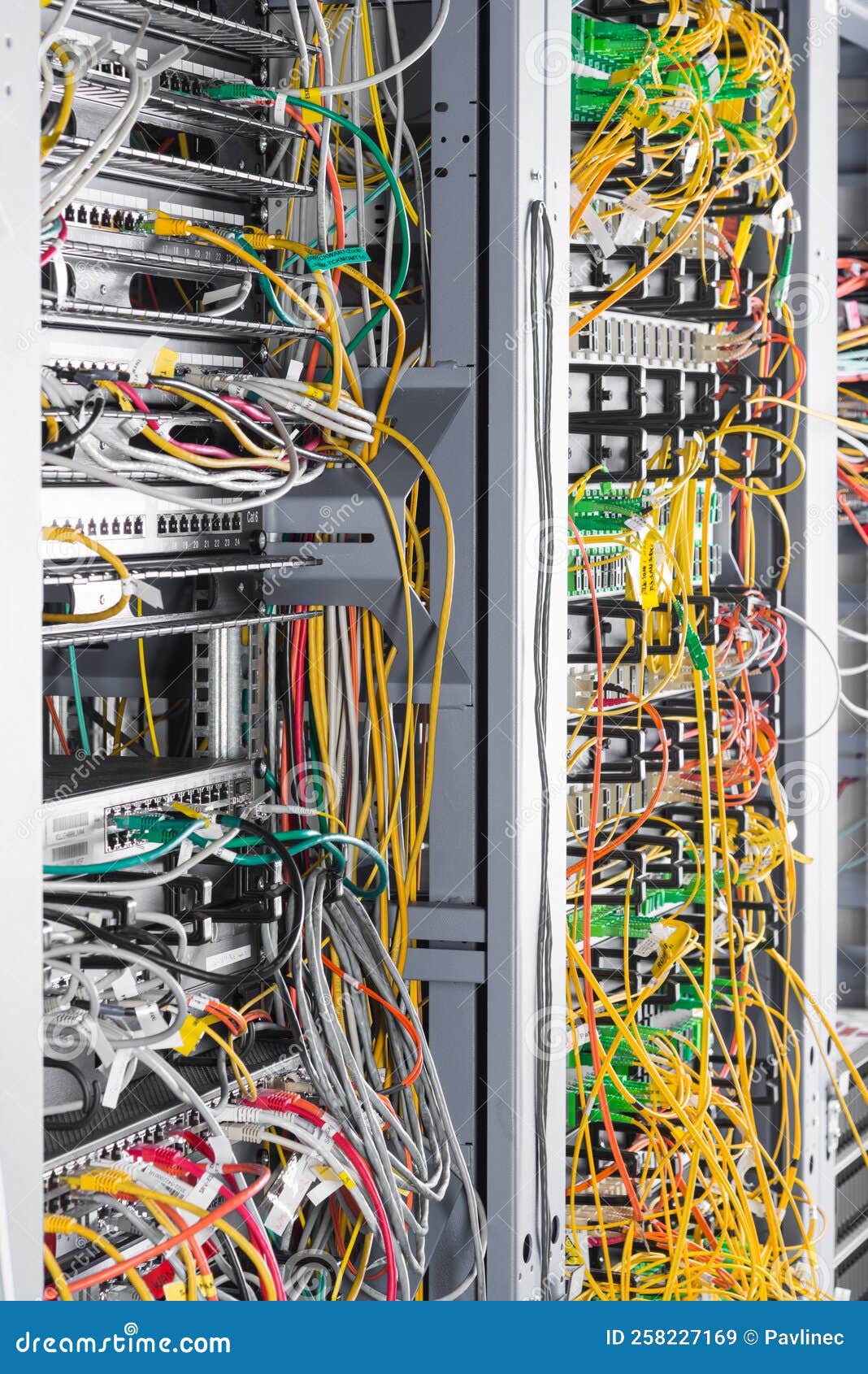 Server Rack with Fiber Optic Cables Attached To Front Panel Swit Stock ...