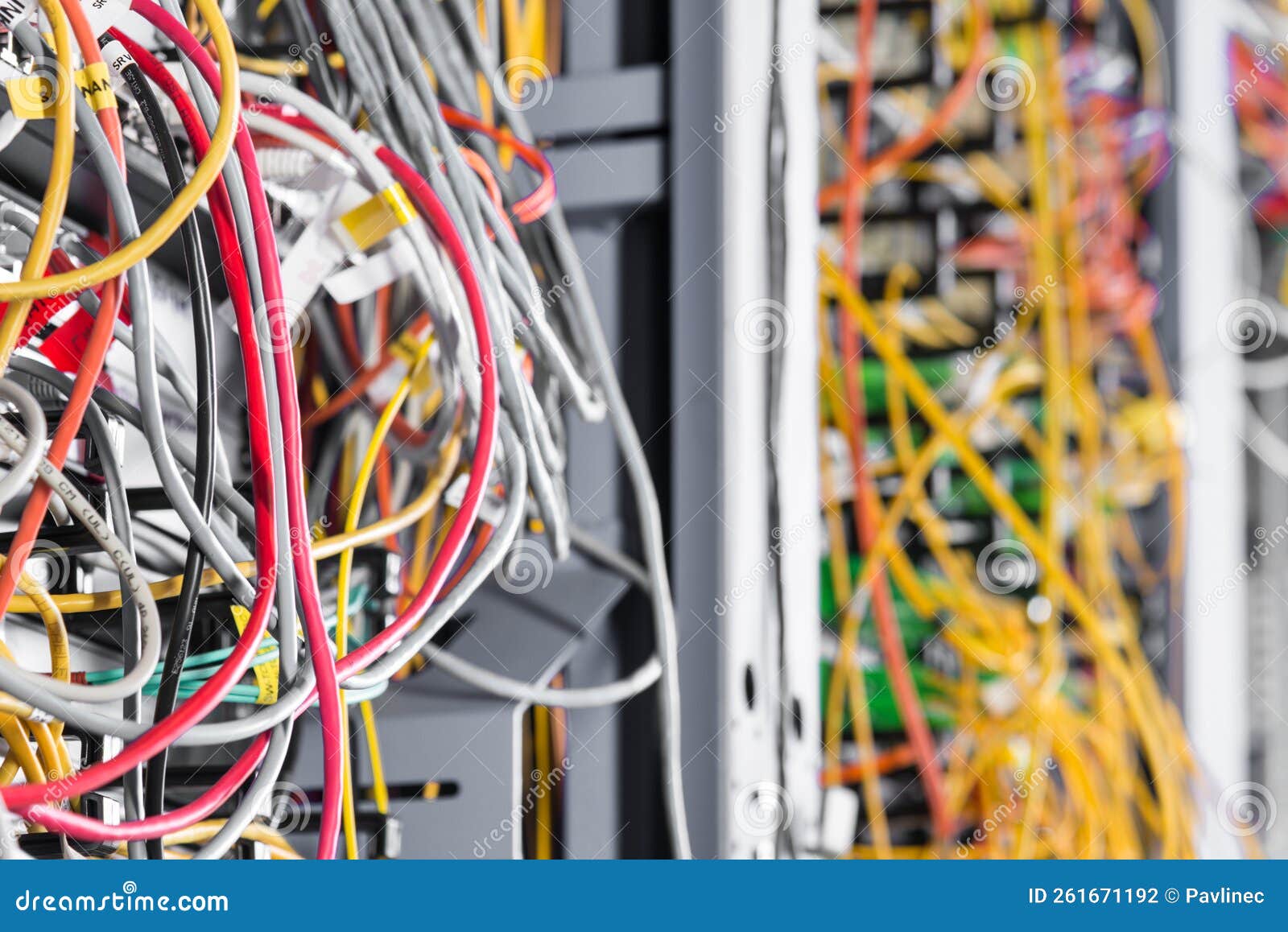 Server Rack with Fiber Optic Cables Attached To Front Panel Swit Stock ...