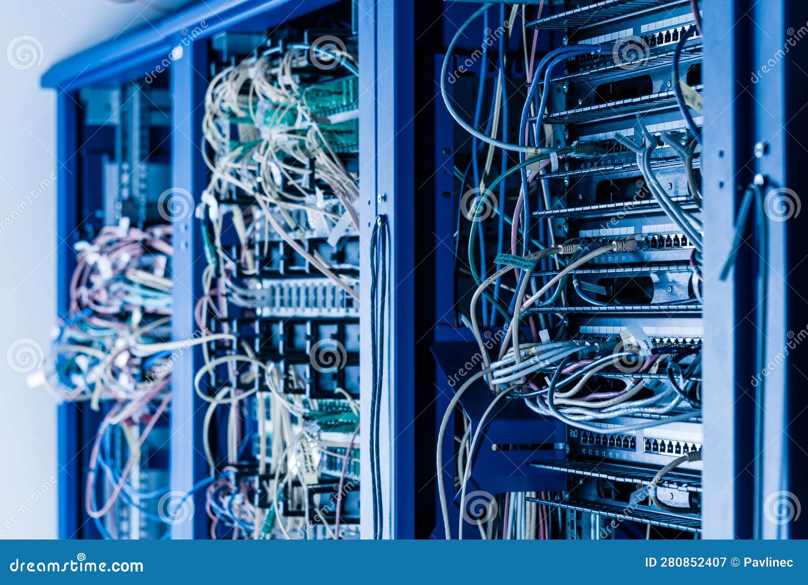 Server Rack with Fiber Optic Cables Attached To Front Panel Swit Stock ...