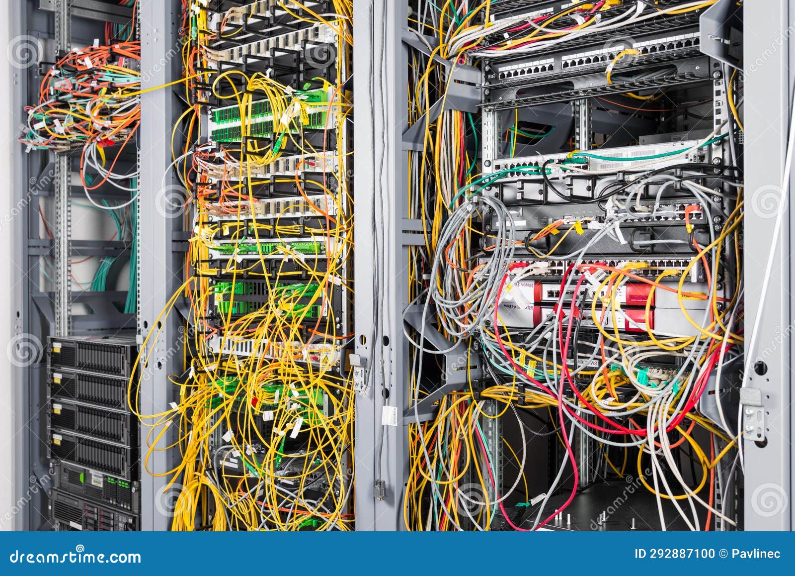 Server Rack with Fiber Optic Cables Attached To Front Panel Swit Stock ...