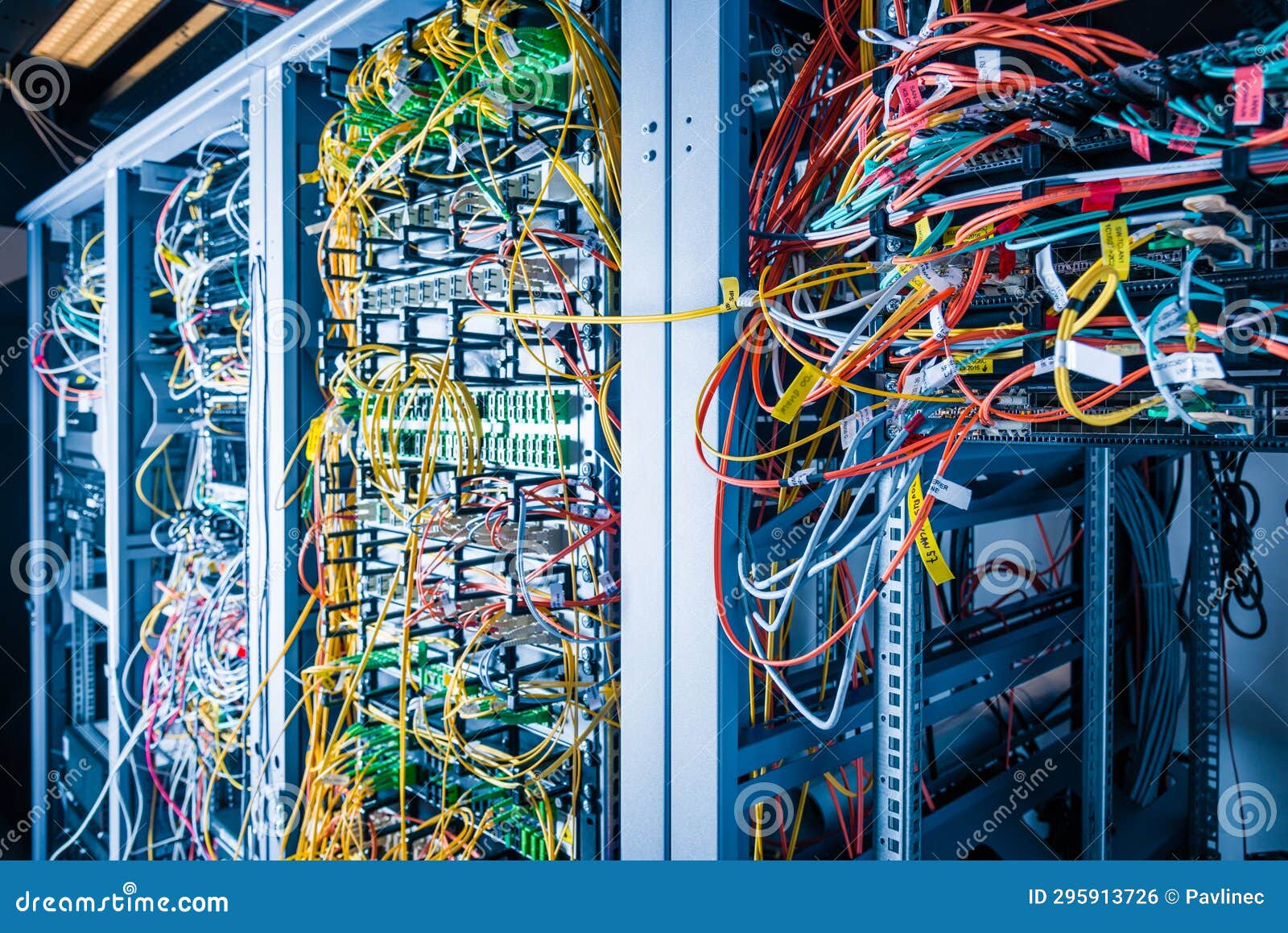 Server Rack with Fiber Optic Cables Attached To Front Panel Swit Stock ...