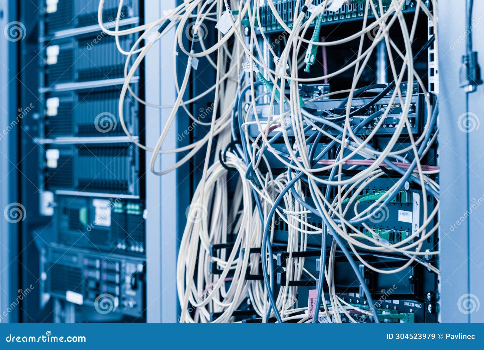 Server Rack with Fiber Optic Cables Attached To Front Panel Swit Stock ...