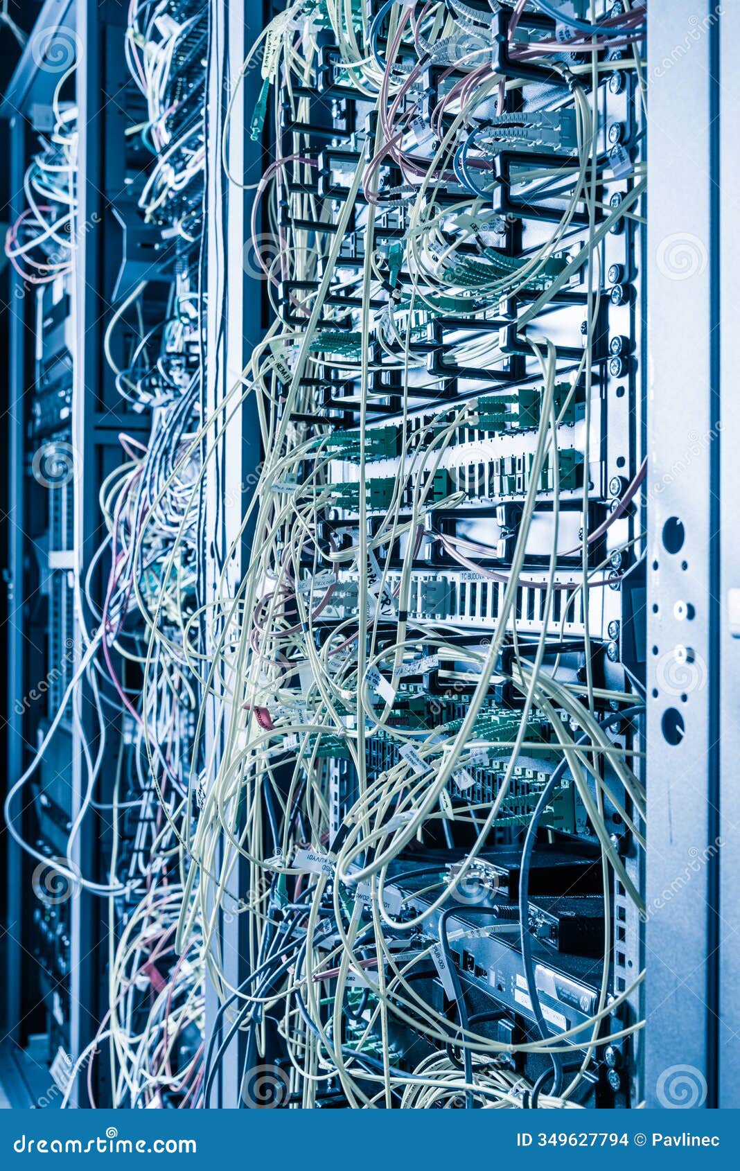 Server Rack with Fiber Optic Cables Attached To Front Panel Swit Stock ...