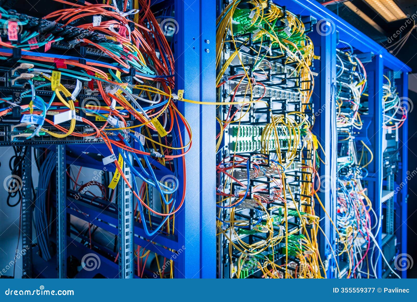 Server Rack with Fiber Optic Cables Attached To Front Panel Swit Stock ...