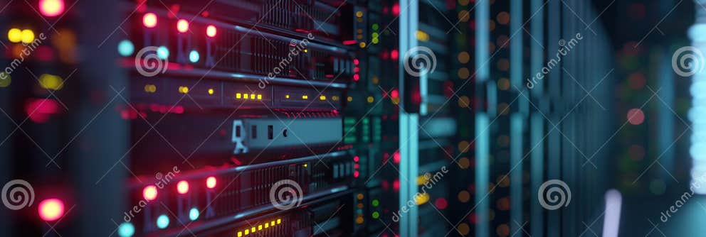 Server Rack Illuminated by Bright LEDs in a Dark Data Center. Close-up ...
