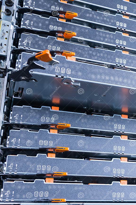 Server Rack with Open Tray Filled with Hard Disk Array Used for Stock ...