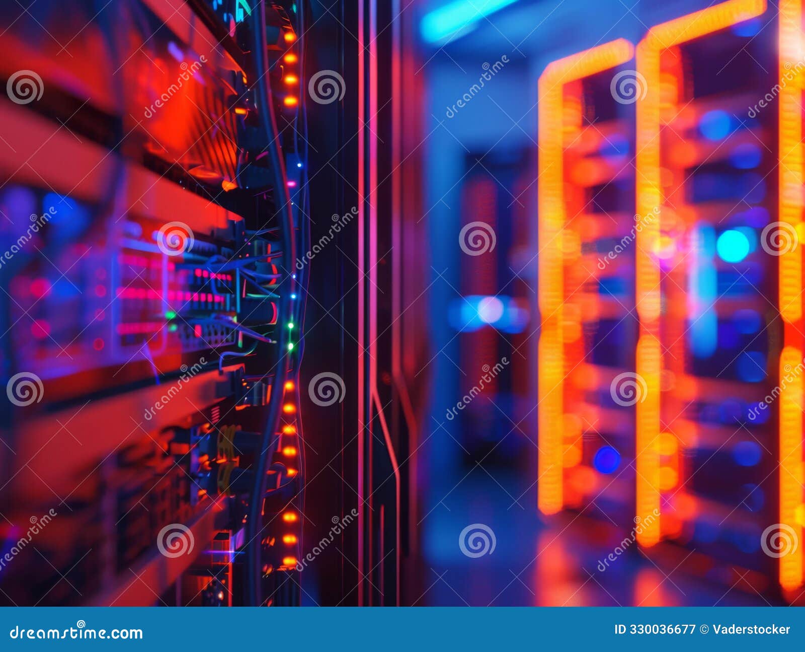 Server Rack with Red and Blue Lights in a Data Center Stock ...