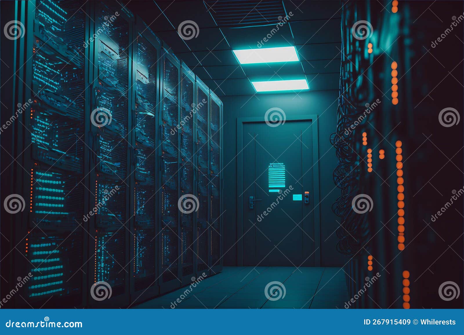 Server Rack Room with Big Data Cyber Network. Green Light Corridor ...