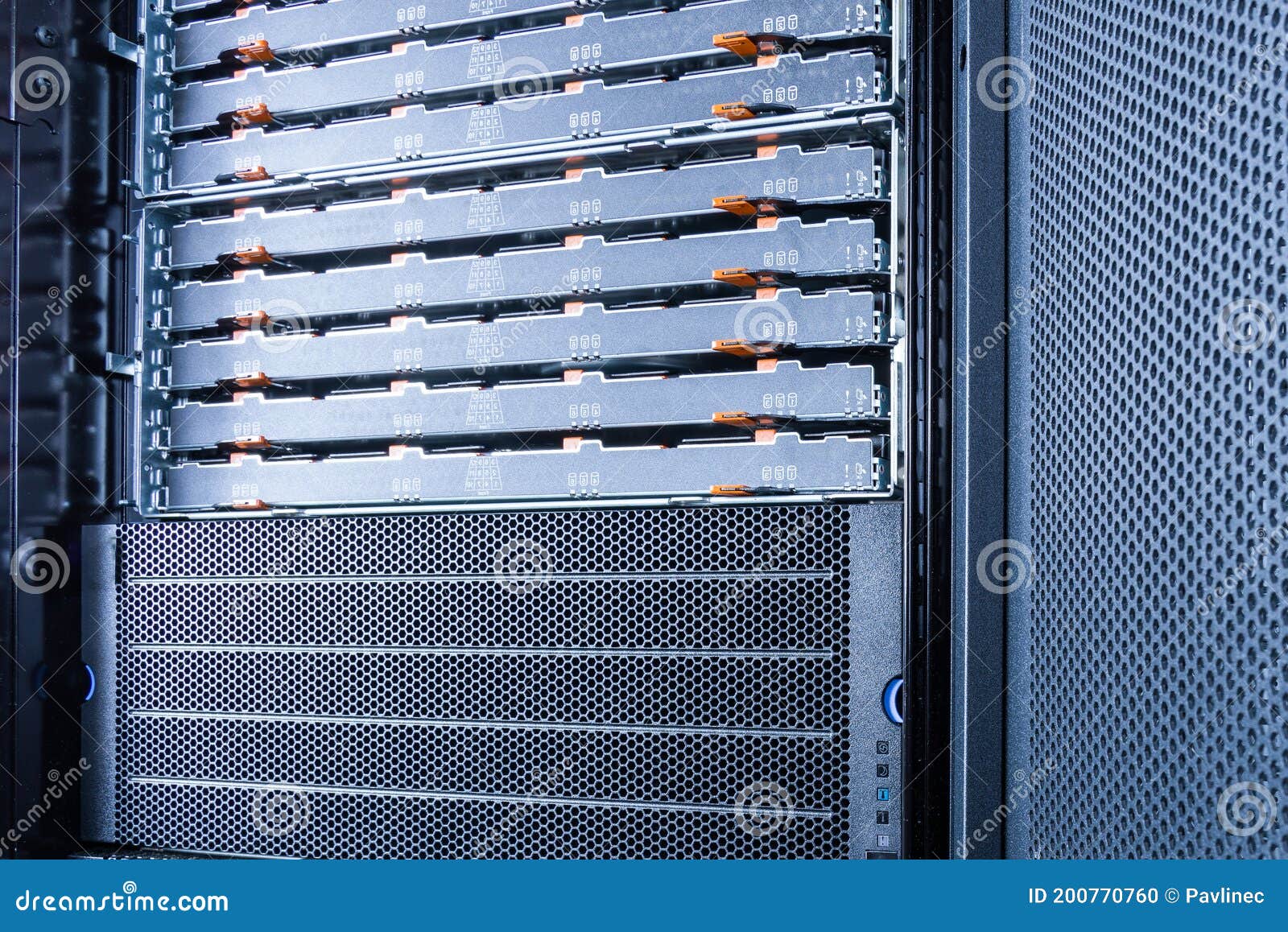 Server Rack with Uncovered Data Storage Arrays Filled with Hard Stock ...