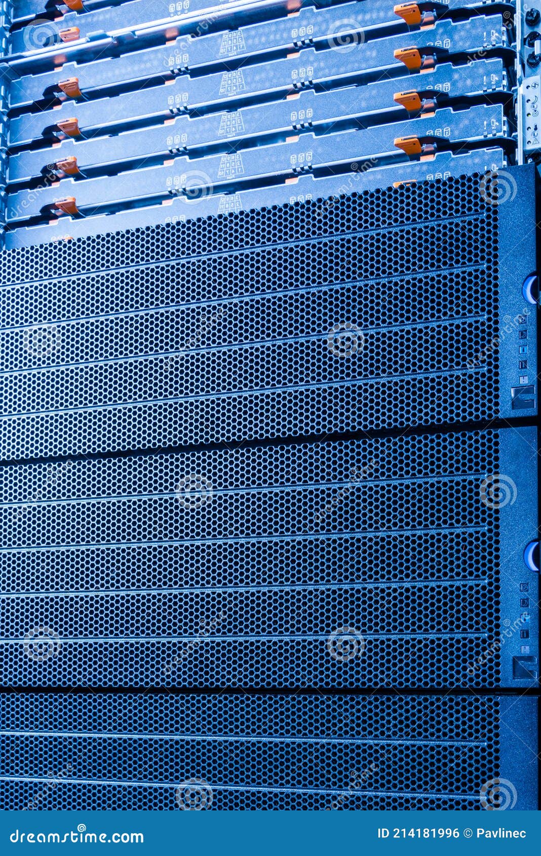 Server Rack with Uncovered Data Storage Arrays Filled with Hard Stock ...