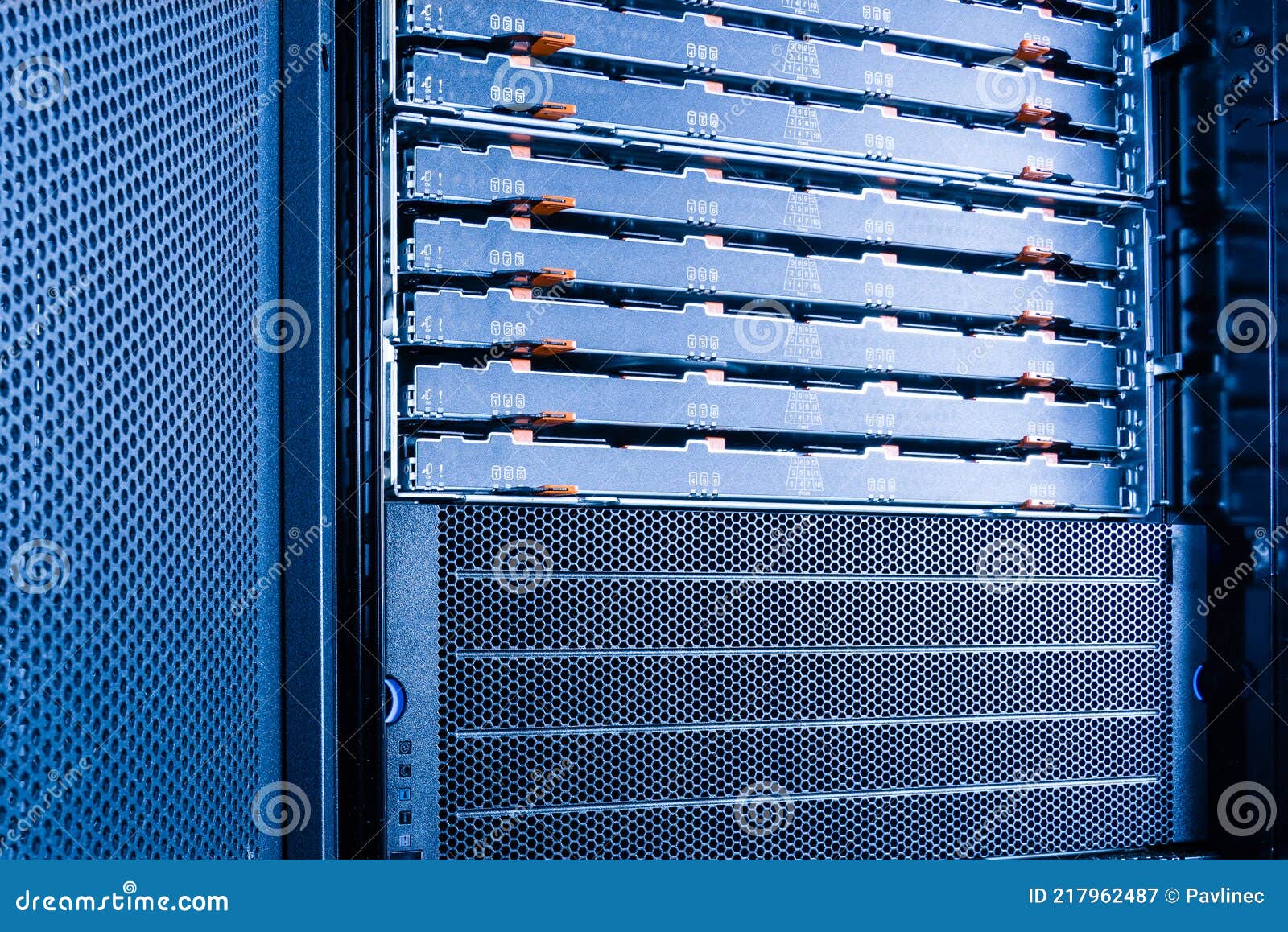 Server Rack with Uncovered Data Storage Arrays Filled with Hard Stock ...