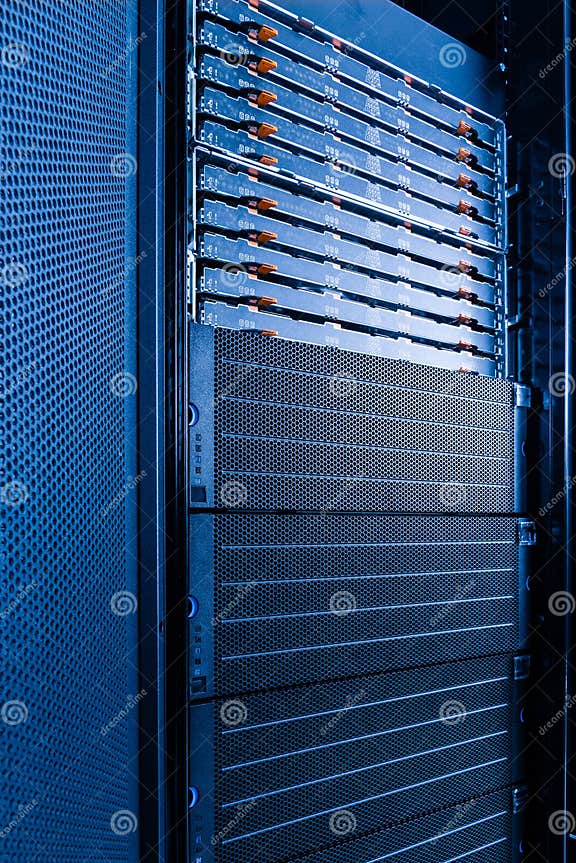Server Rack with Uncovered Data Storage Arrays Filled with Hard Stock ...
