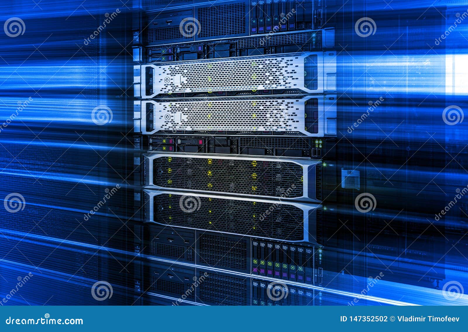 Server Rack with Working Mainframe Disk Storage Under Motion Blue ...