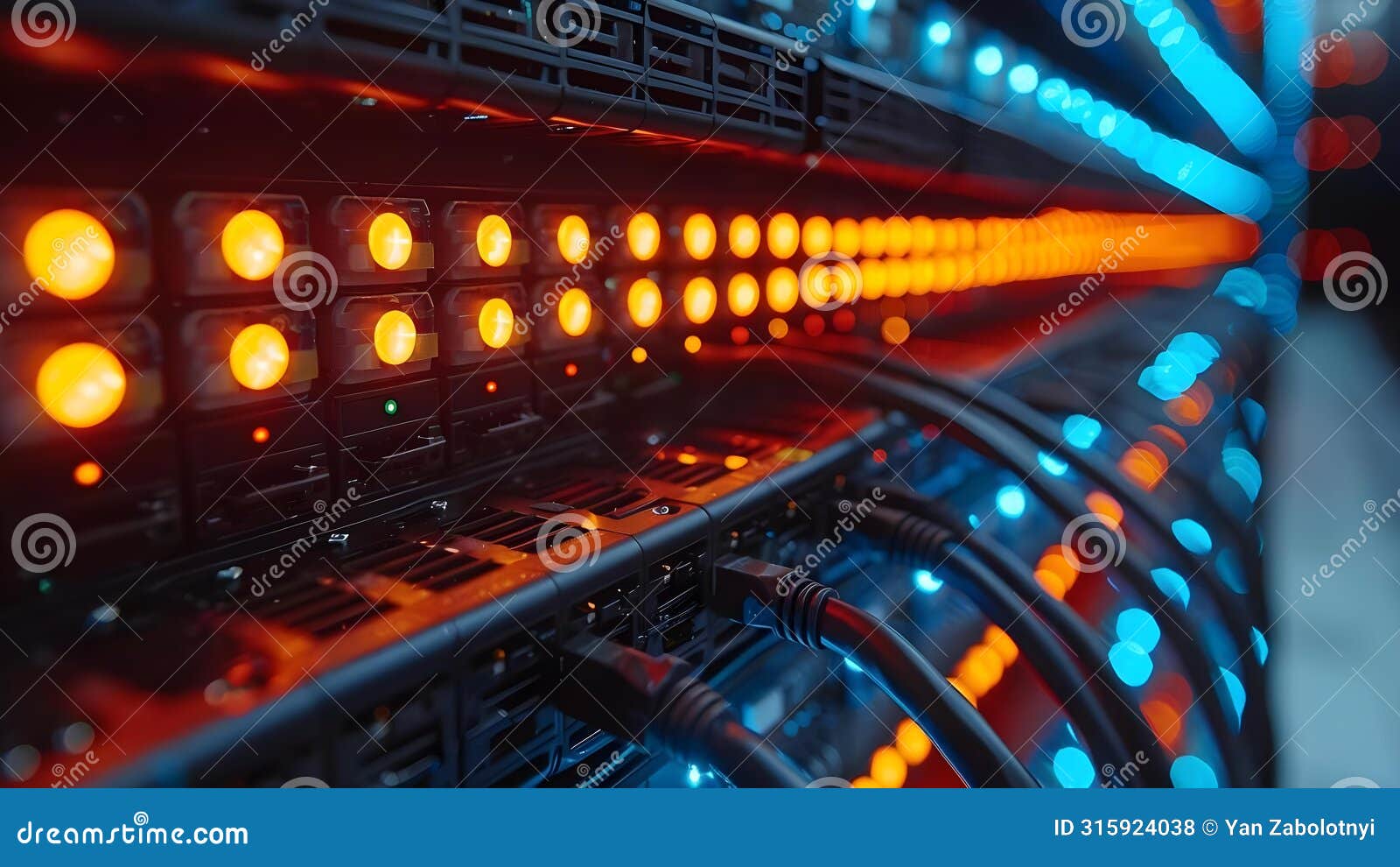 Server Racks with Cables and Fiber Optic Internet Equipment in Data ...