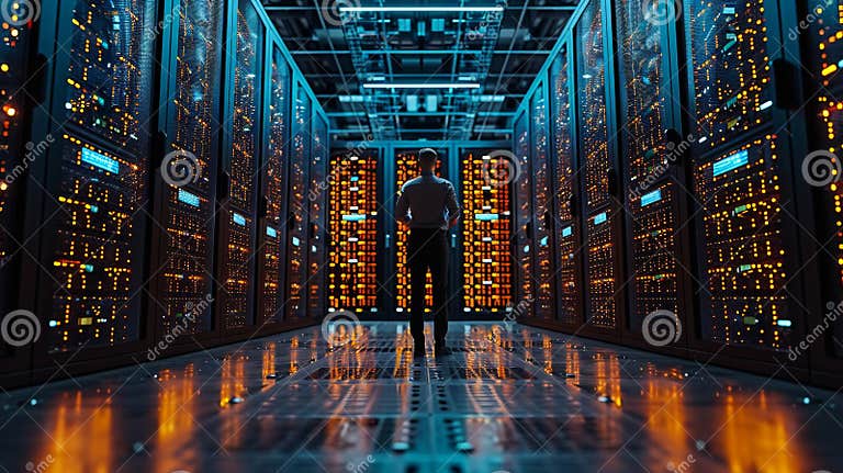 A Man Stands in Front of the Server Racks. Rear View. AI Generated ...