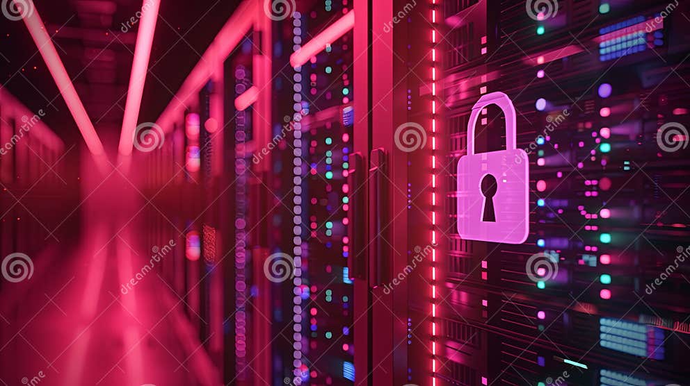Server Racks or a Data Cloud Center Featuring a Digital Lock Overlay ...