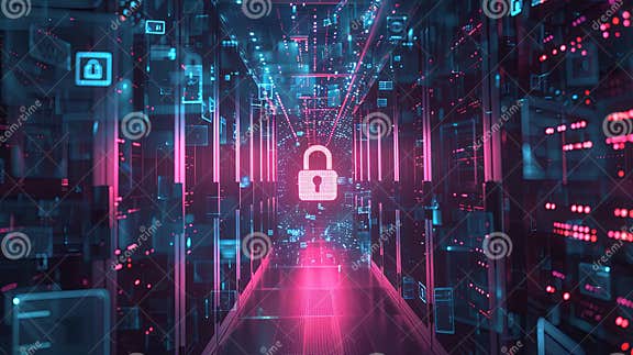 Server Racks or a Data Cloud Center Featuring a Digital Lock Overlay ...