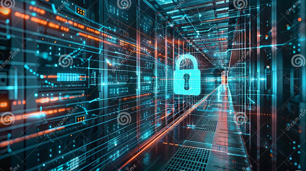 Server Racks or a Data Cloud Center Featuring a Digital Lock Overlay ...