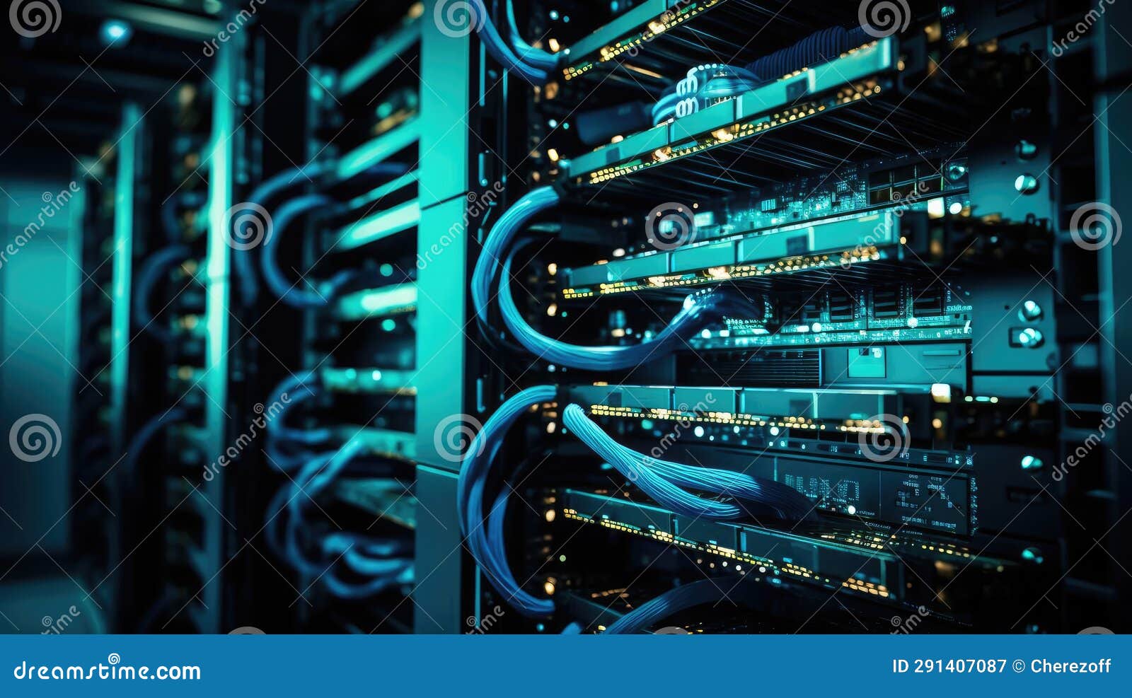 Server Racks with Equipment and Wires Stock Image - Image of center ...