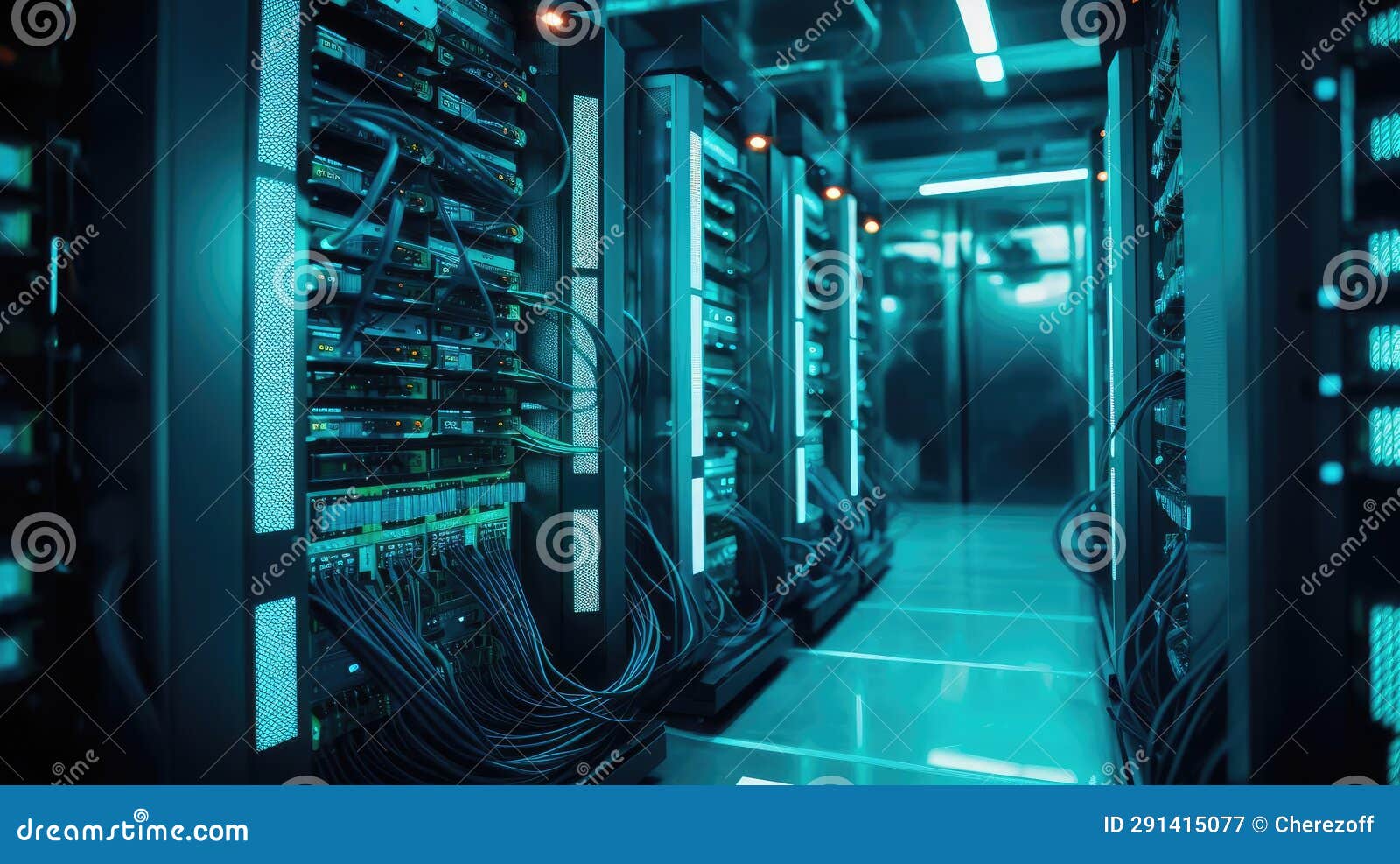 Server Racks with Equipment and Wires Stock Image - Image of center ...