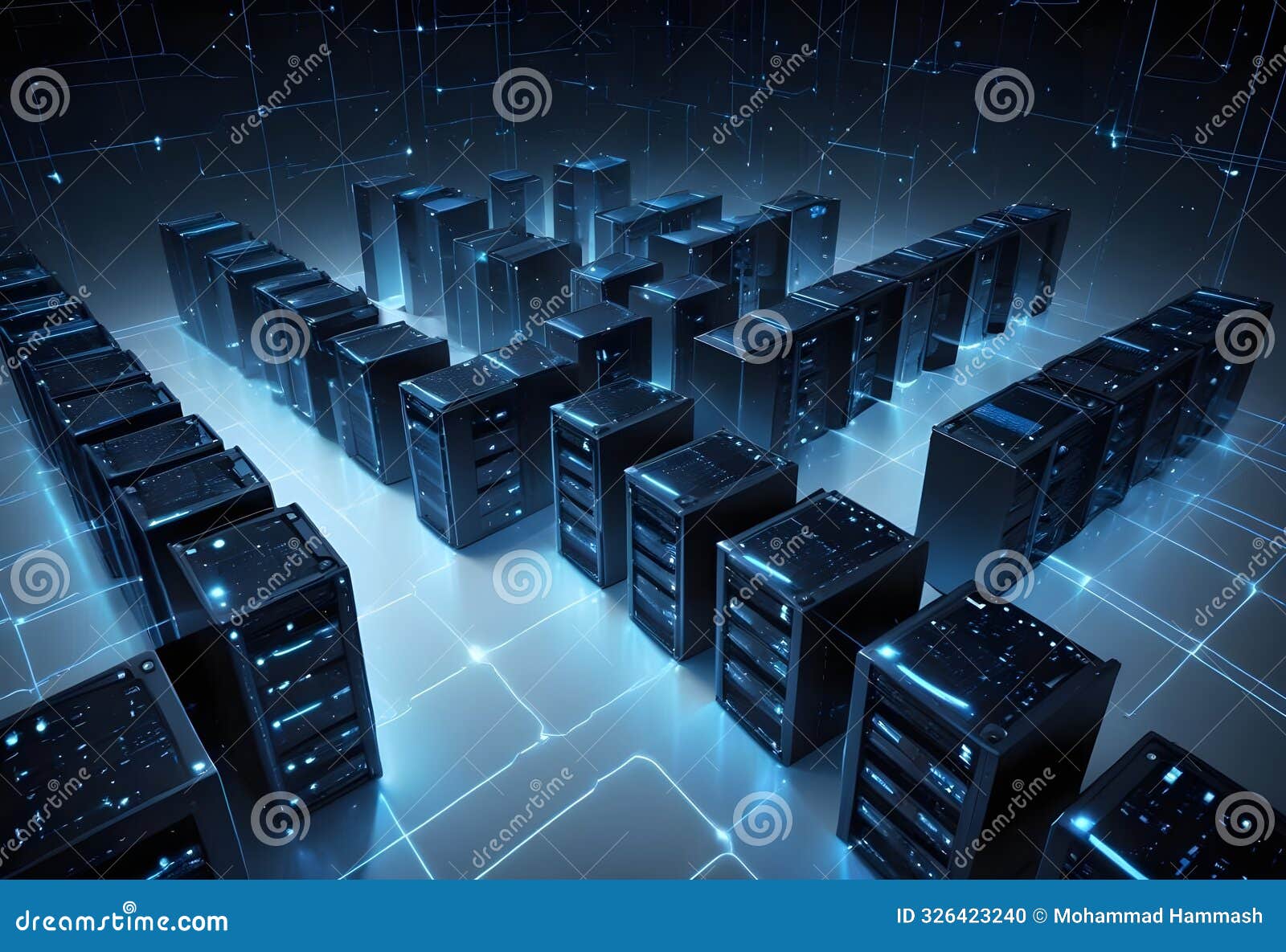 Server Racks with Glowing Blue Lights in a Server Room. the Scene Has a ...