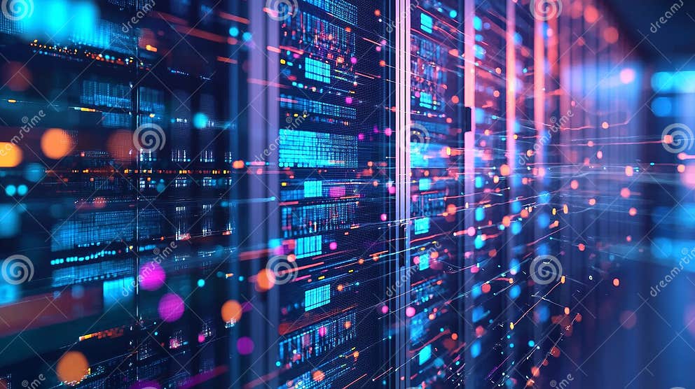 Server Racks with Glowing Data Lights in Tech Environment Stock Image ...
