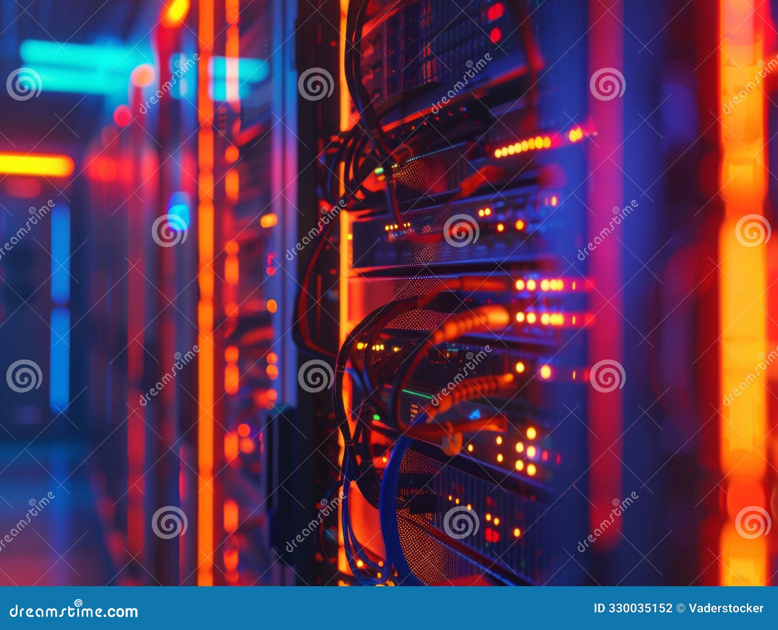 Server Racks Glowing with Red and Blue Lights in a Data Center Stock ...