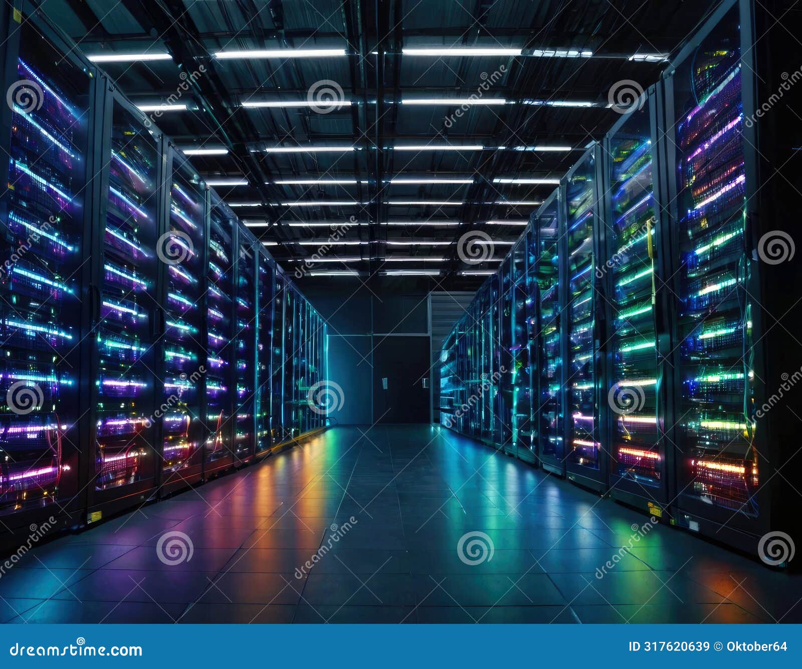 Server Racks of a Modern Data Center in a Dark Room with VFX Effects ...