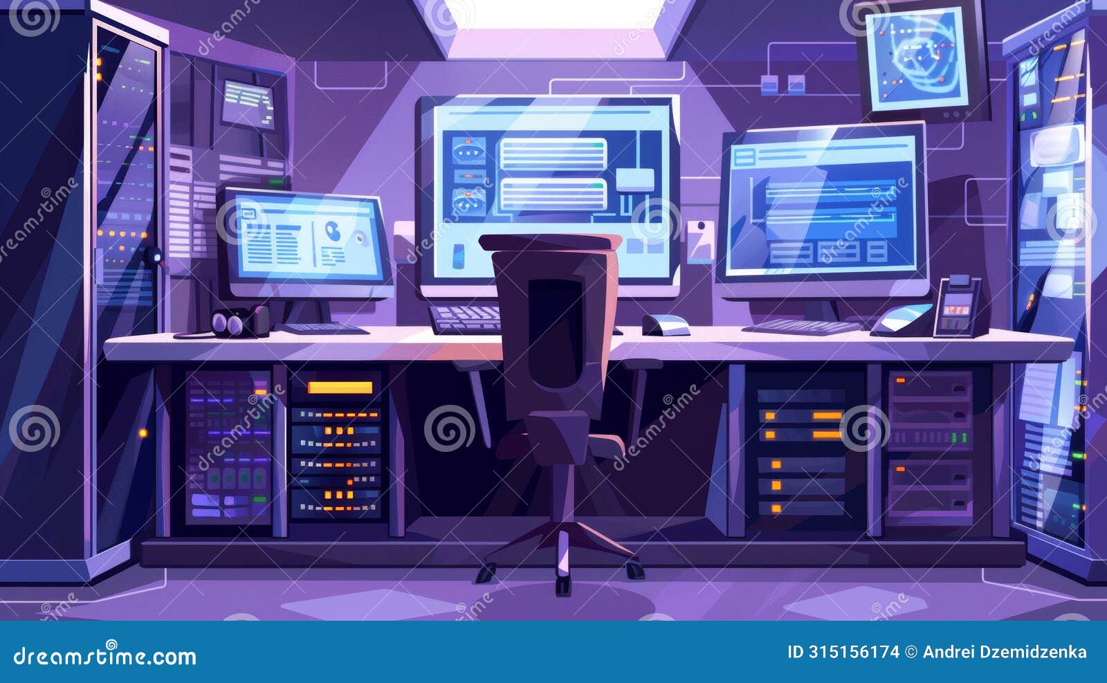 Server Racks, Monitors on Desks and Chairs in Data Center Office ...